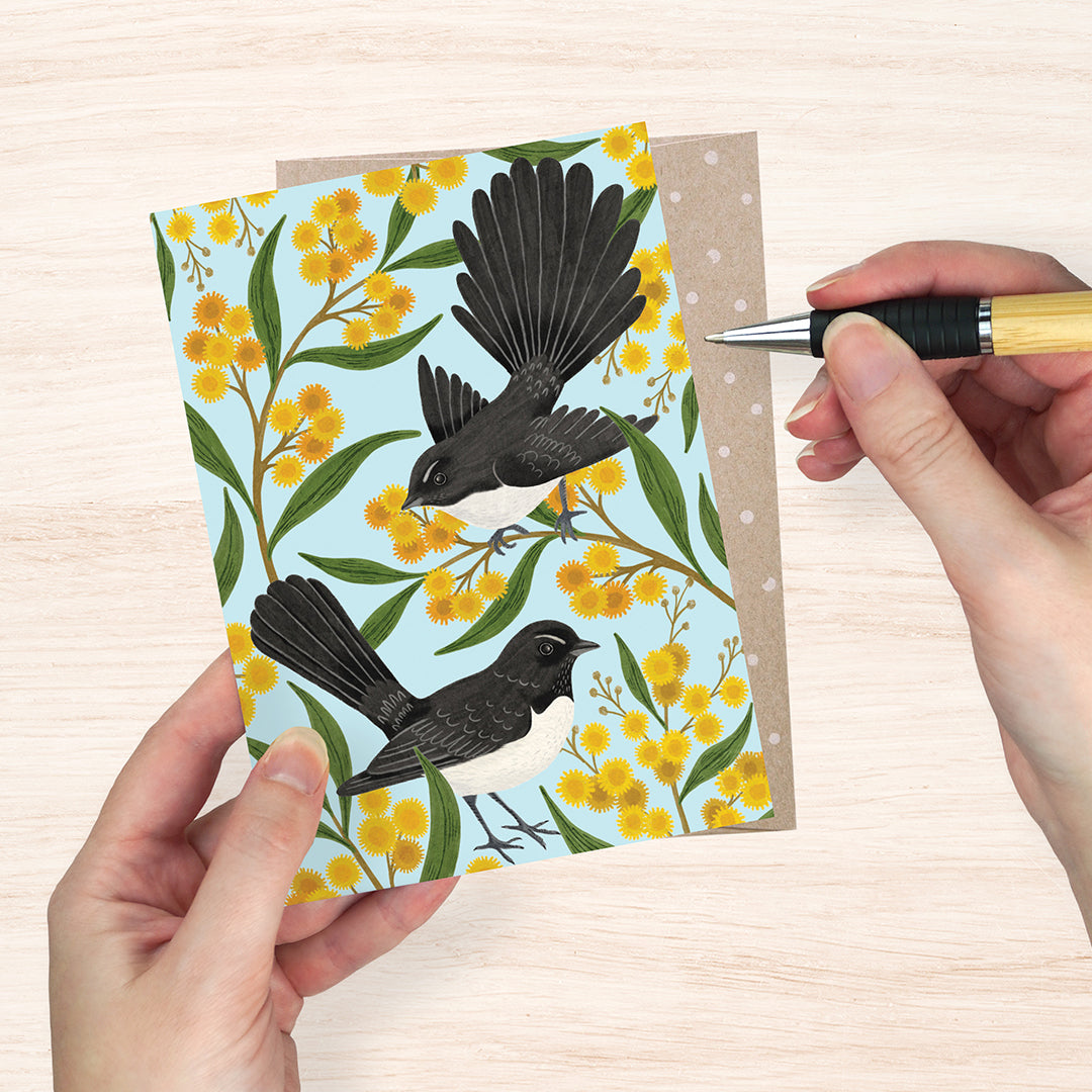 Earth Greetings Wagtails & Wattle Card, Negin Maddock Collection (Incl ...
