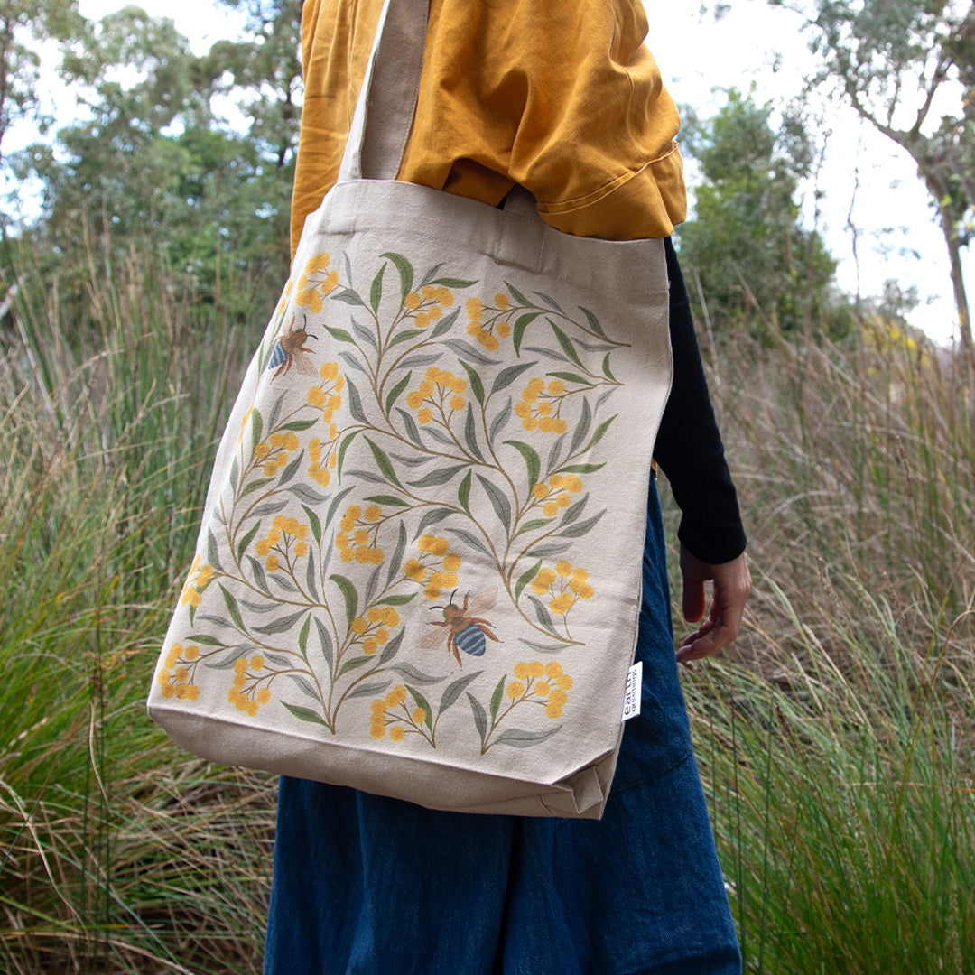 Earth Greetings Certified Organic Tote Bag With A Pocket Wattle & Bee ...